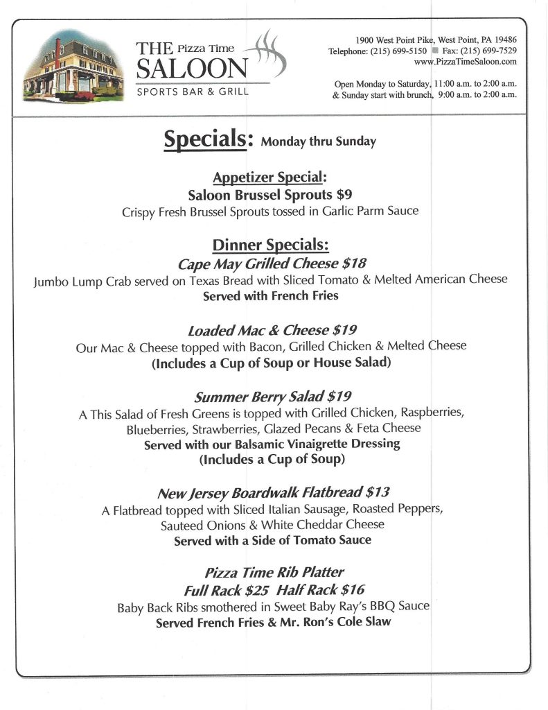 Dinner Specials - The Pizza Time Saloon – Best Sports Bar & Grill